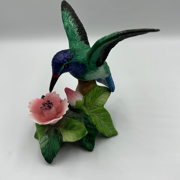 Art | Ceramic Hummingbird On Branch With Flowers Blue Green ...